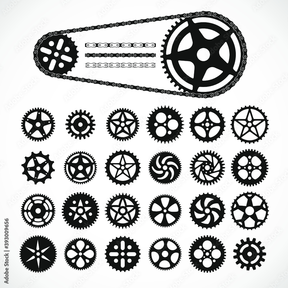 Gears and bicycle chain icons, black vector graphics shapes silhouettes ...