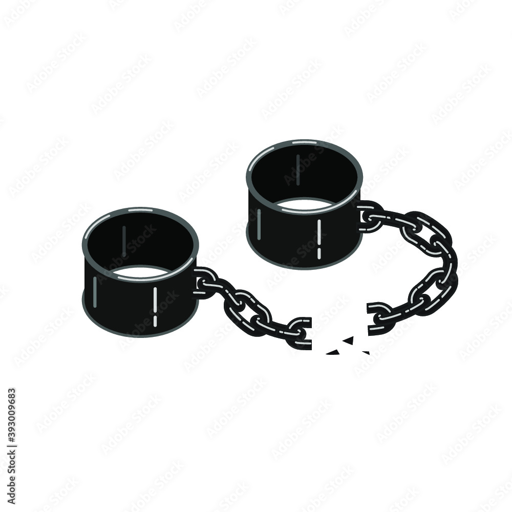Shackles with broken chain, handcuffs, isolated vector illustration ...
