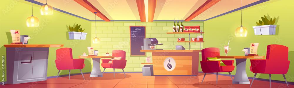Coffee house or cafe interior with cashier desk, machine, chalkboard ...