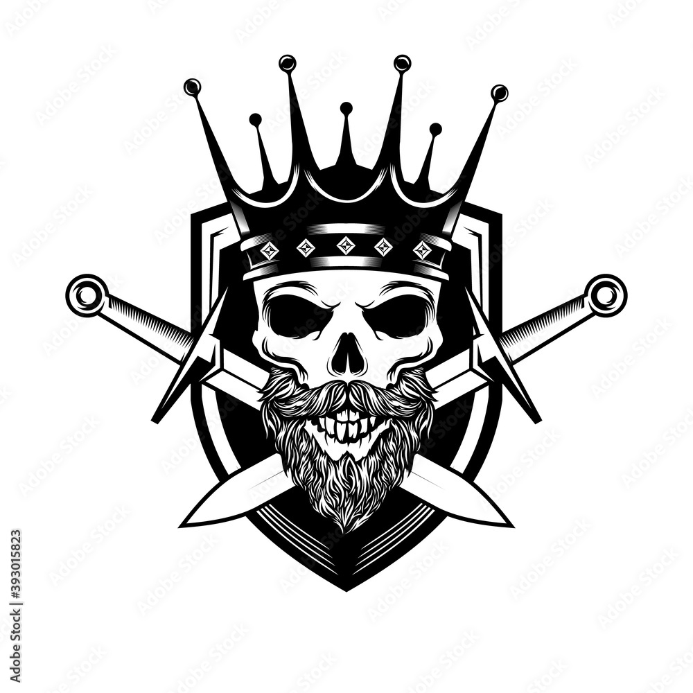 vintage retro badass bearded king skull shield and swords vector ...