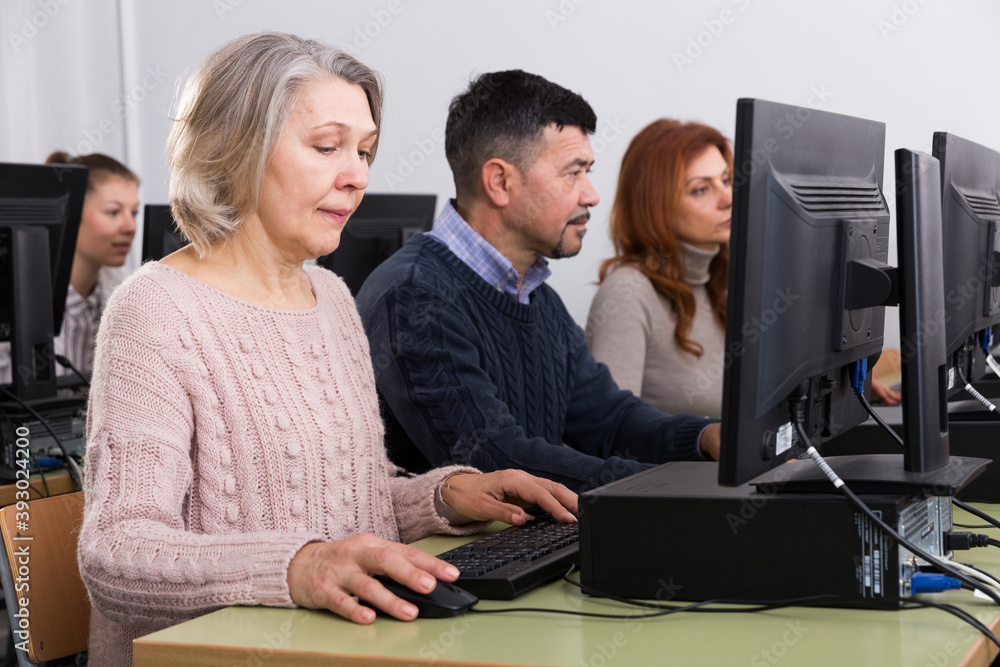 Computer lessons for adults. Group of people of different ages learning ...