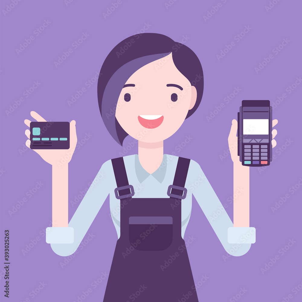 Credit card processing system, happy girl. Small business owner showing ...