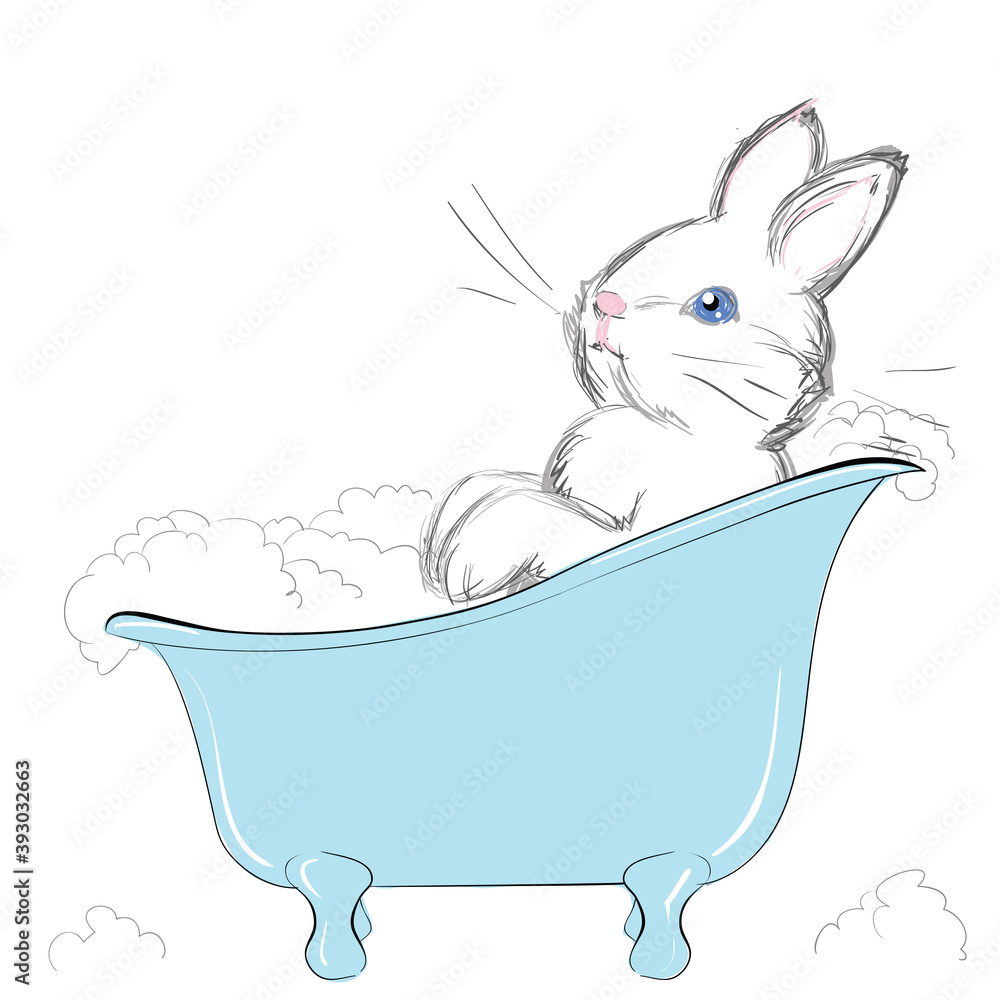 Vector Illustration of a Cute Little Bathing Bunny with Foam. Freehand ...