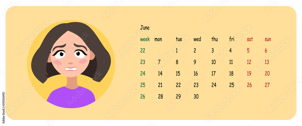 Female user profile. Calendar for the month of june 2021. A character ...