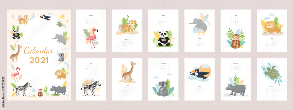 Calendar 2021 with cute wild baby animals. Set of 12 month vector ...