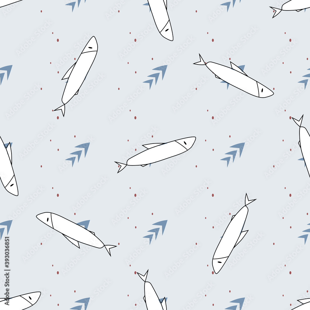 Seamless pattern of cute fish with geometrical elements on grey ...