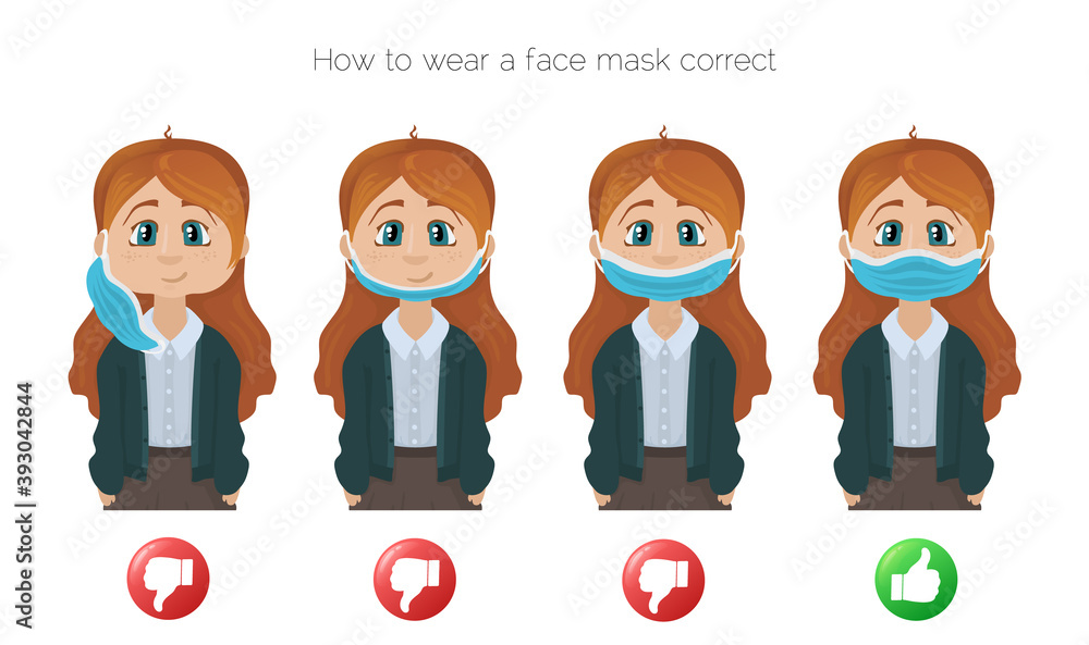 How to wear a face mask correct. Girl presenting the correct method of ...