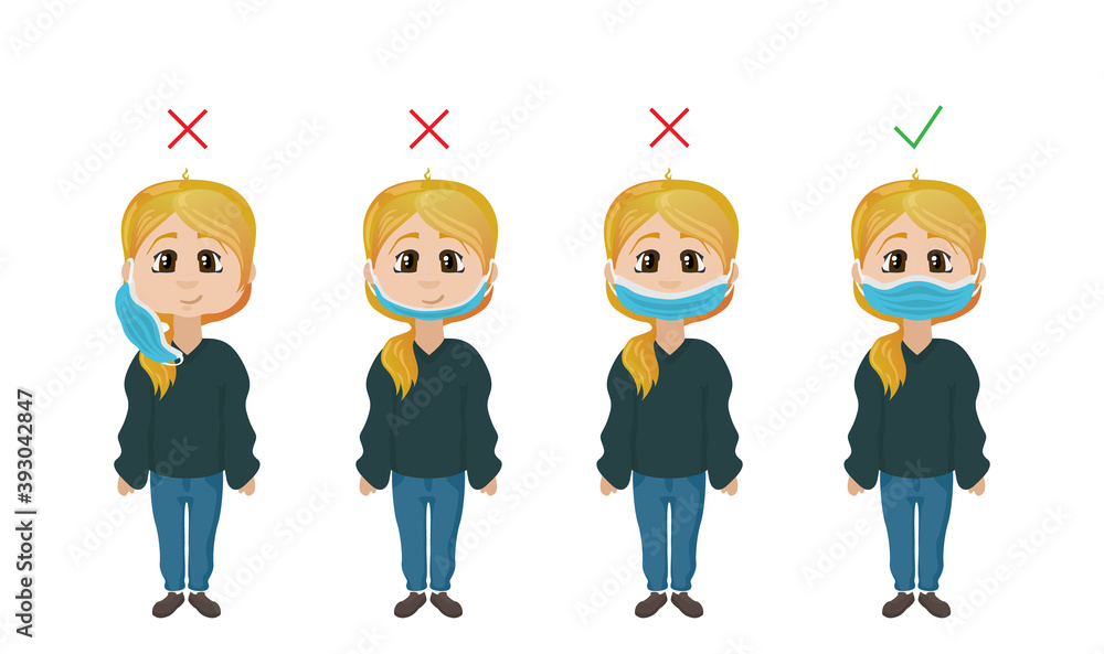 How to wear a face mask correct. Girl presenting the correct method of ...