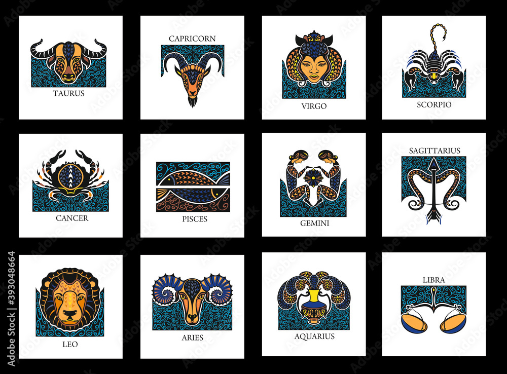 Zodiac signs .Set of horoscope symbols, astrology icons collection ...