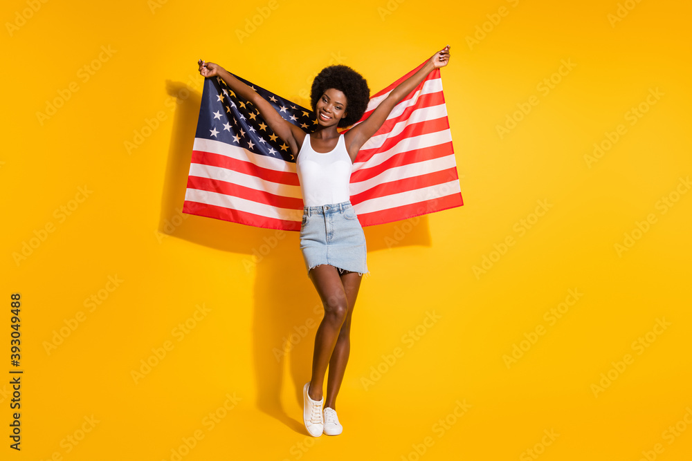 Full length body size view of pretty slim cheerful wavy-haired girl ...