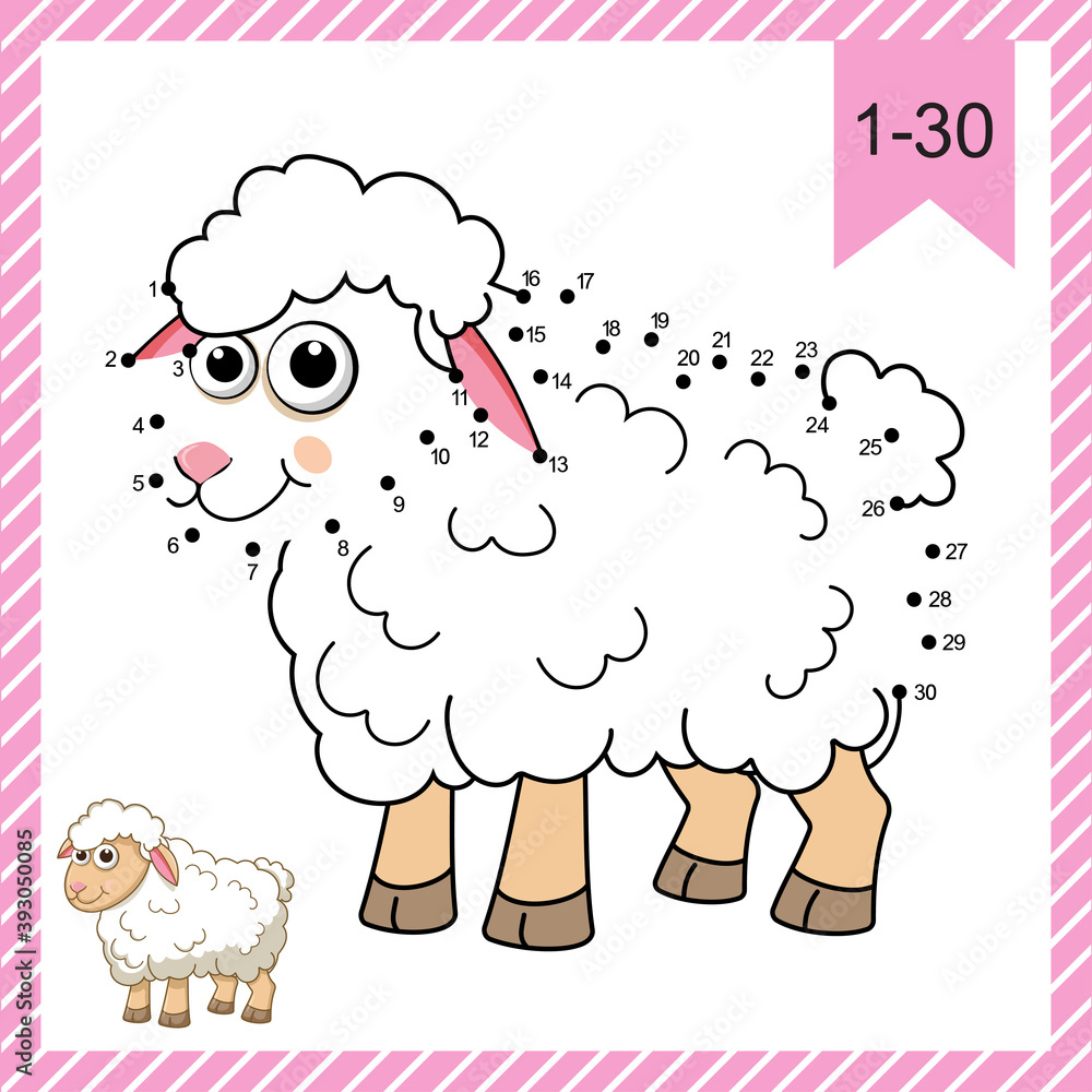 Dot to dot. Funny Sheep. Logic Game and Coloring Page with answer. Connect the dots by numbers ...