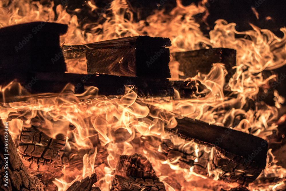 Fire and flames from wooden pallets. Nice background of wood, fire, and ...