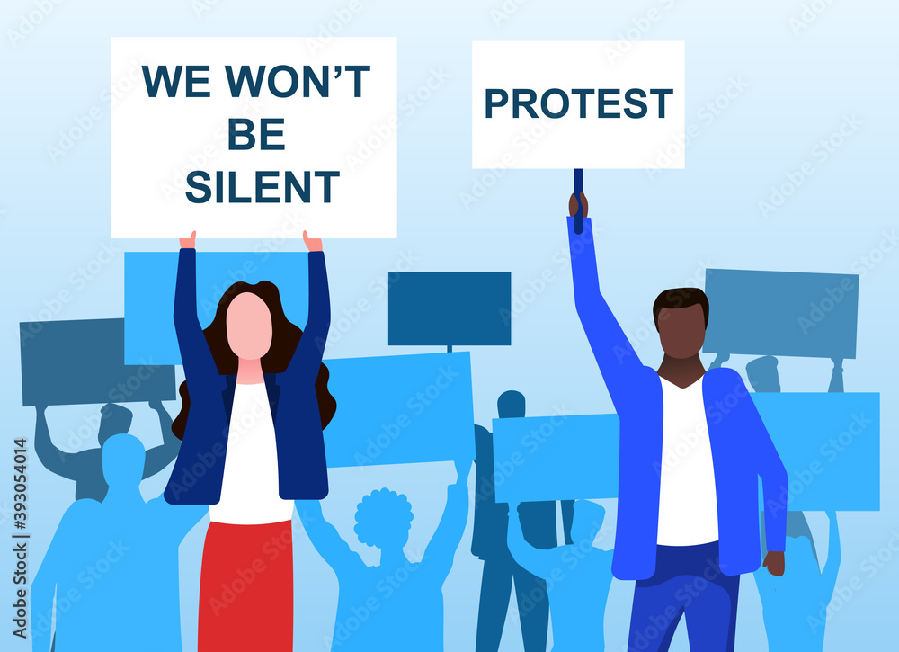 We wont be silent. Multiracial woman and man holding protest posters in ...