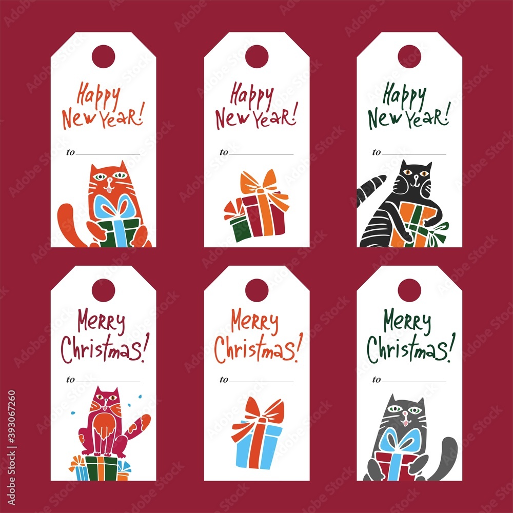 Christmas and new Year gift tag set with cats and presents. Collection ...