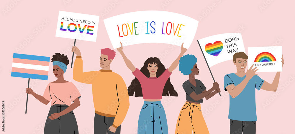 Crowd of young people holding posters, signs and flags with LGBT ...