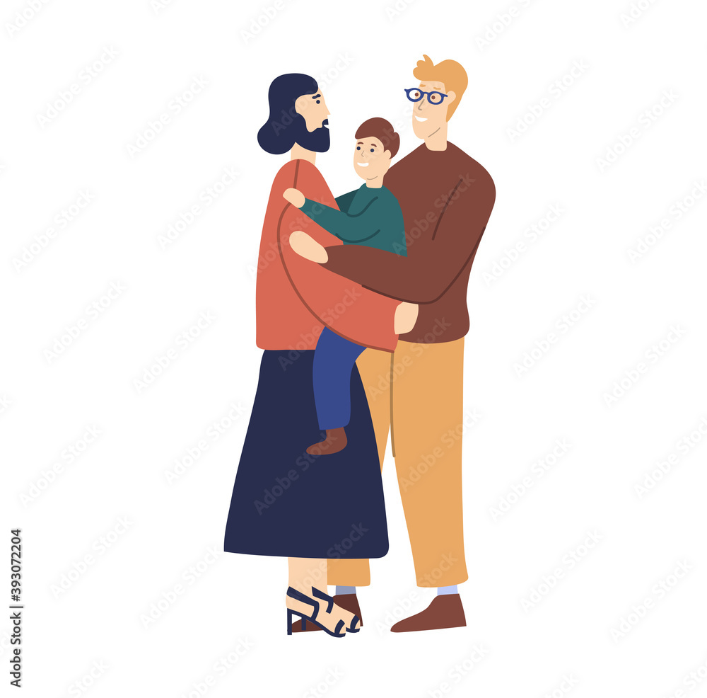 Happy homosexual transgender relationships. Cute gay couple with kid ...