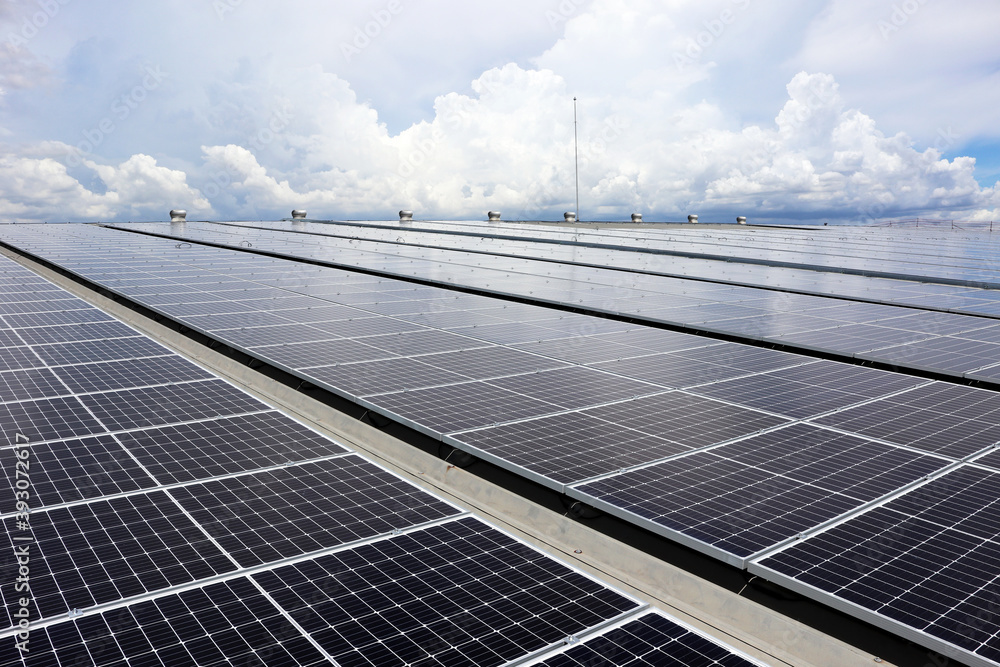Solar PV Rooftop System on Industry Roof with Cloudy Sky Stock Photo ...