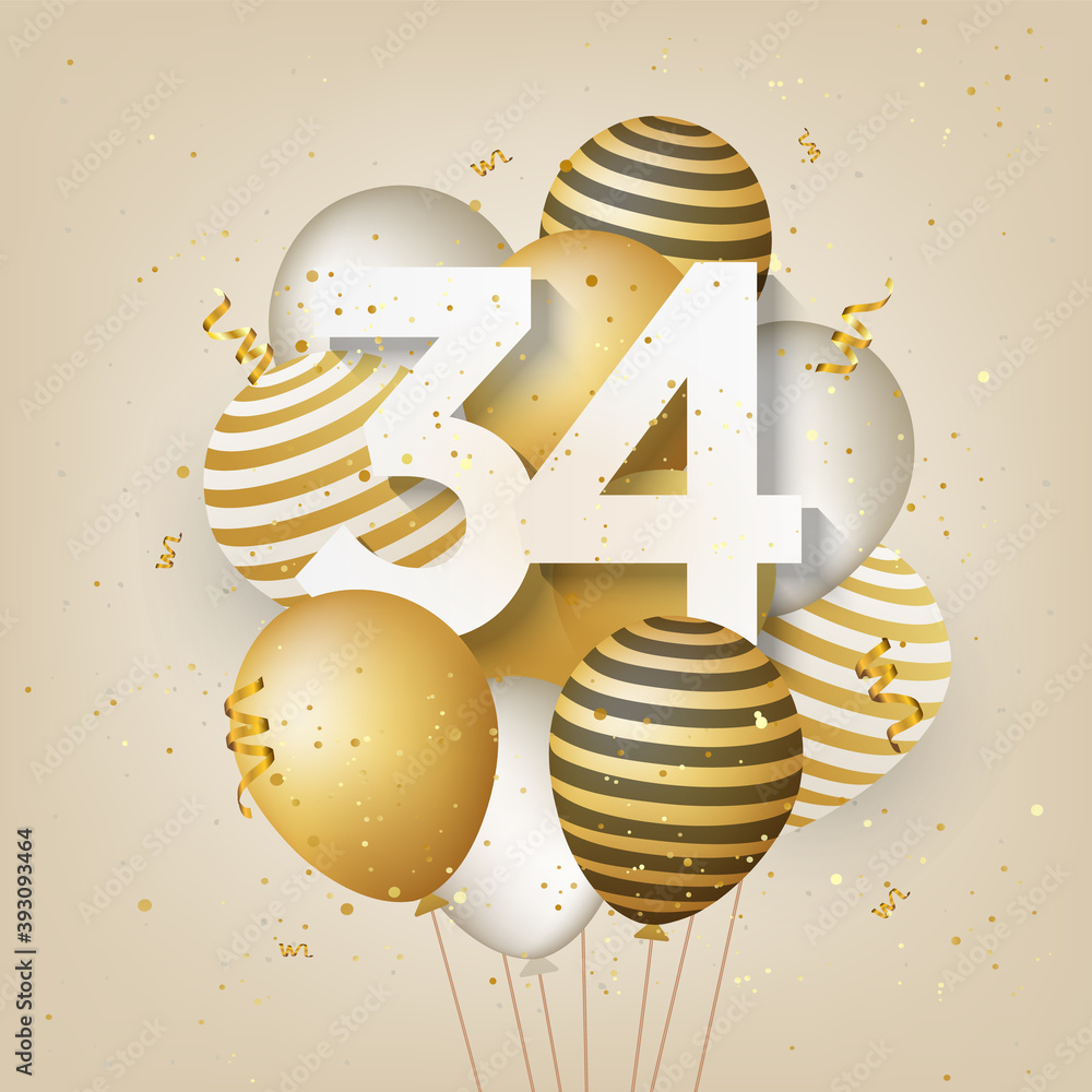 Happy 34th birthday with gold balloons greeting card background. 34 ...