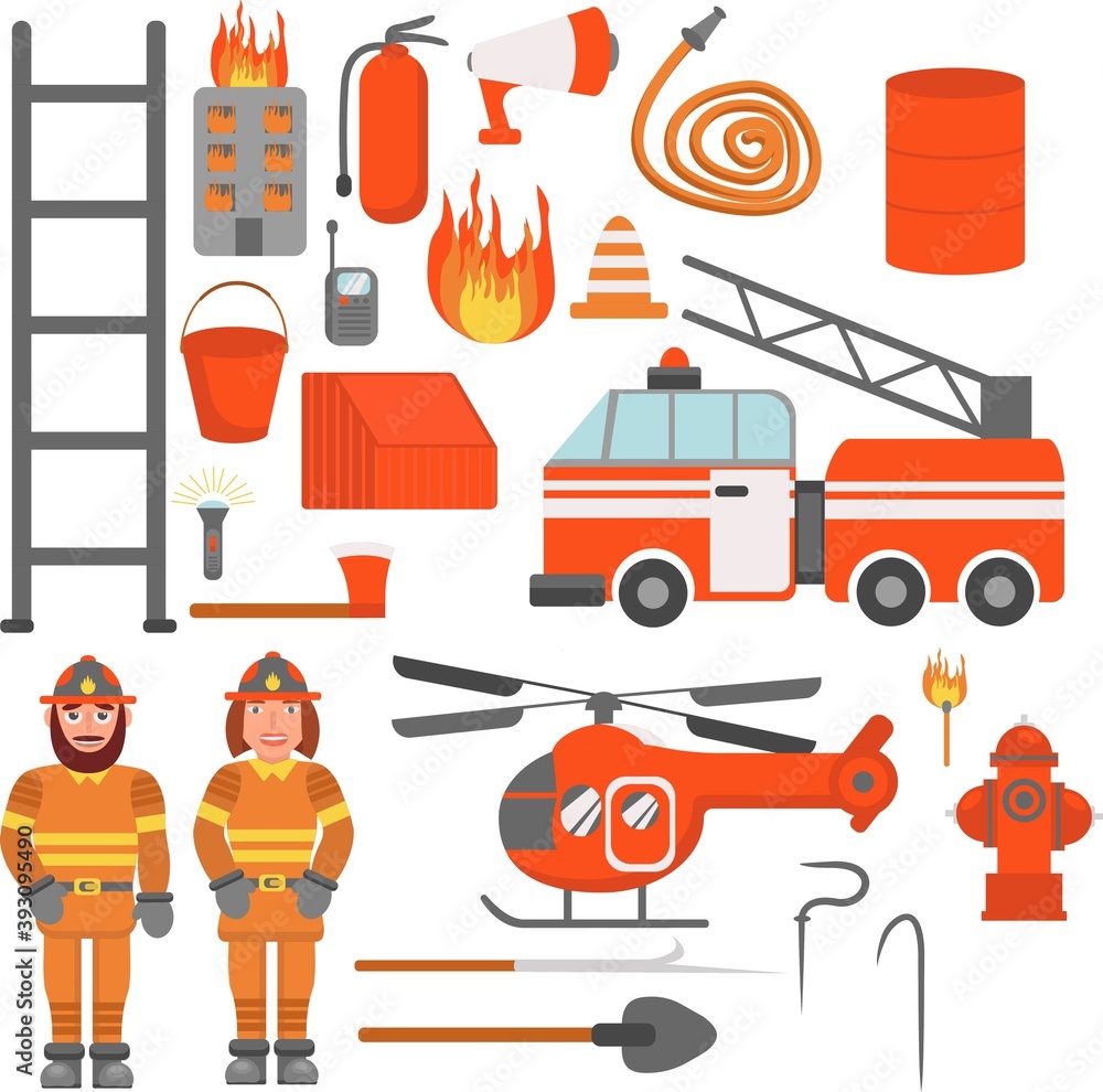 Cartoon collection of Firefighter. Fire-fighter elements set collection ...