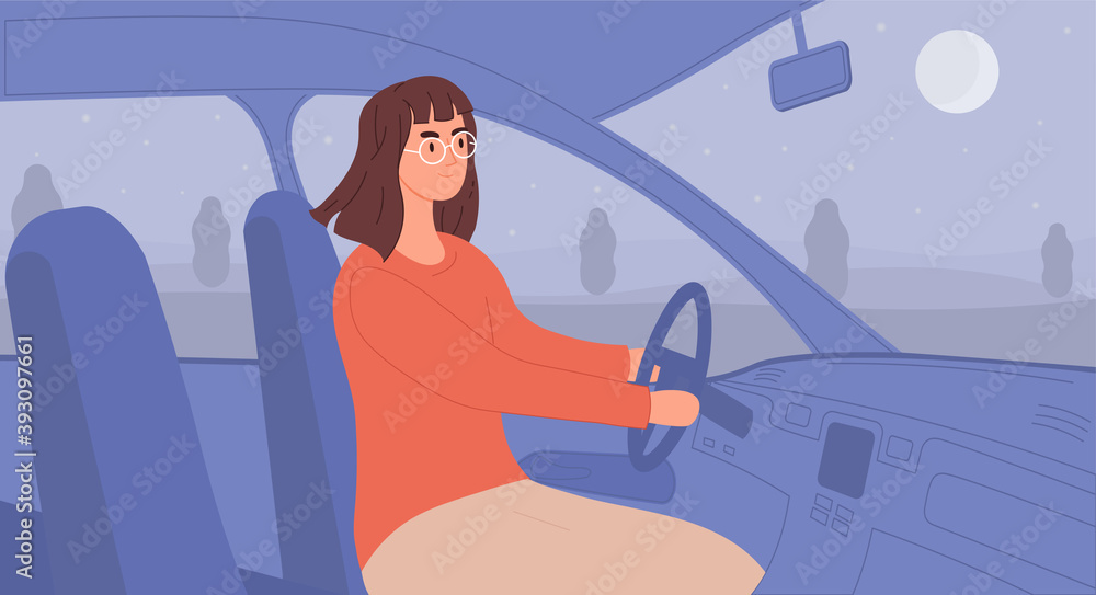 Cartoon Woman Driving On Road