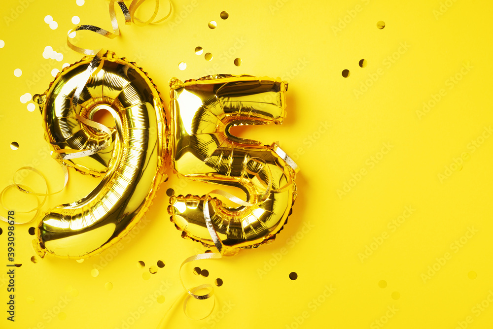 Gold foil balloon number, digit ninety-five. Birthday greeting card ...