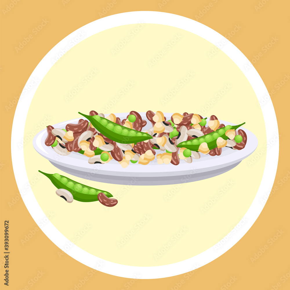 Set of different beans on the plate. Red beans, white beans, green pea ...