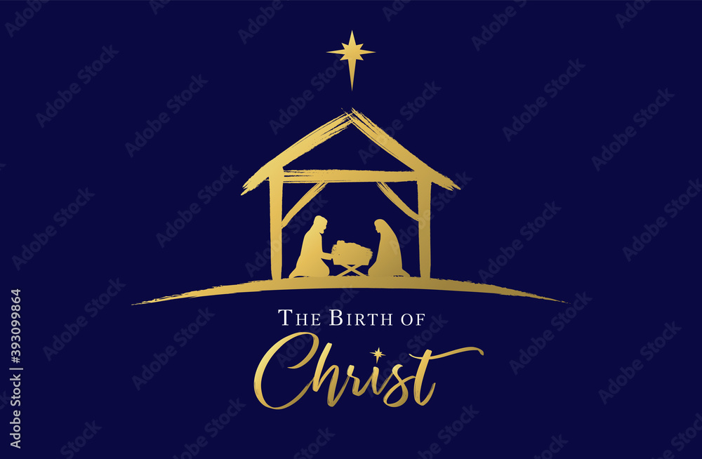 Vetor de The birth of Christ, Jesus in manger and star. Holy family ...