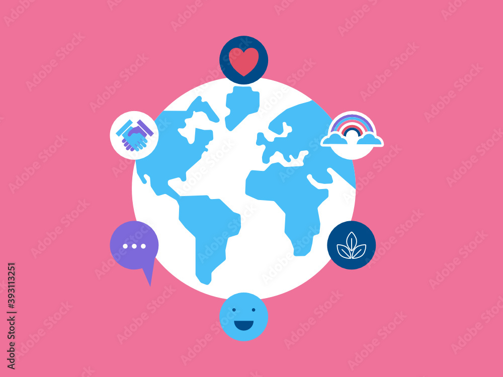 A positive feeling world. World map with icons what reperesent a better ...