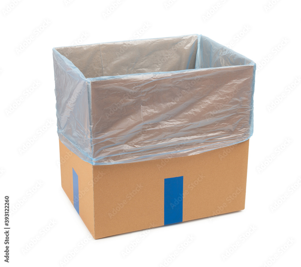 Opened cardboard box for storing goods and parcels by mail with a ...