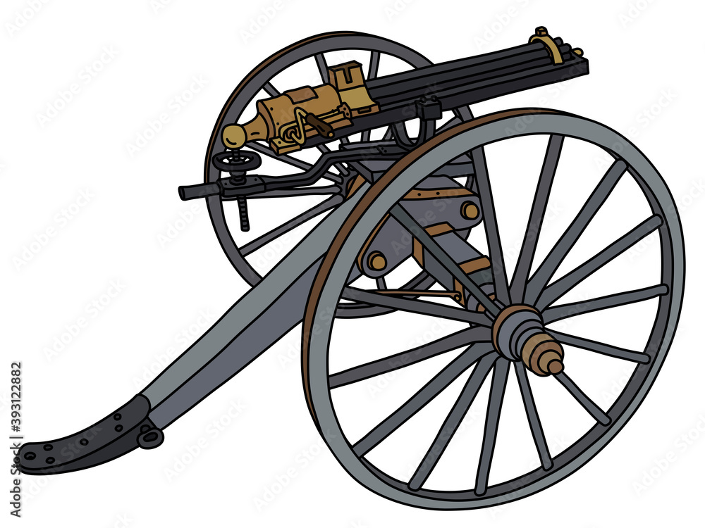 The vectorized hand drawing of an old Gatling multi barrel machine gun ...