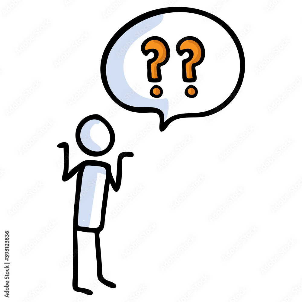 Hand drawn stickman confused with speech bubble question mark. Simple ...
