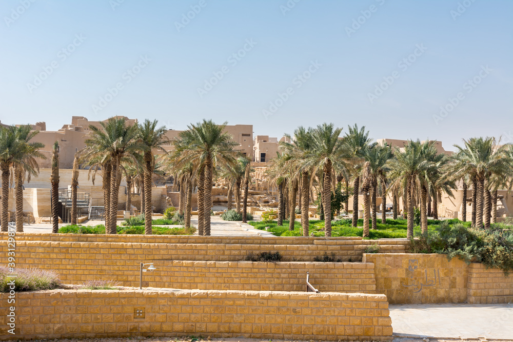 Palm trees and Ruins of Diraiyah, also as Dereyeh and Dariyya, a town ...