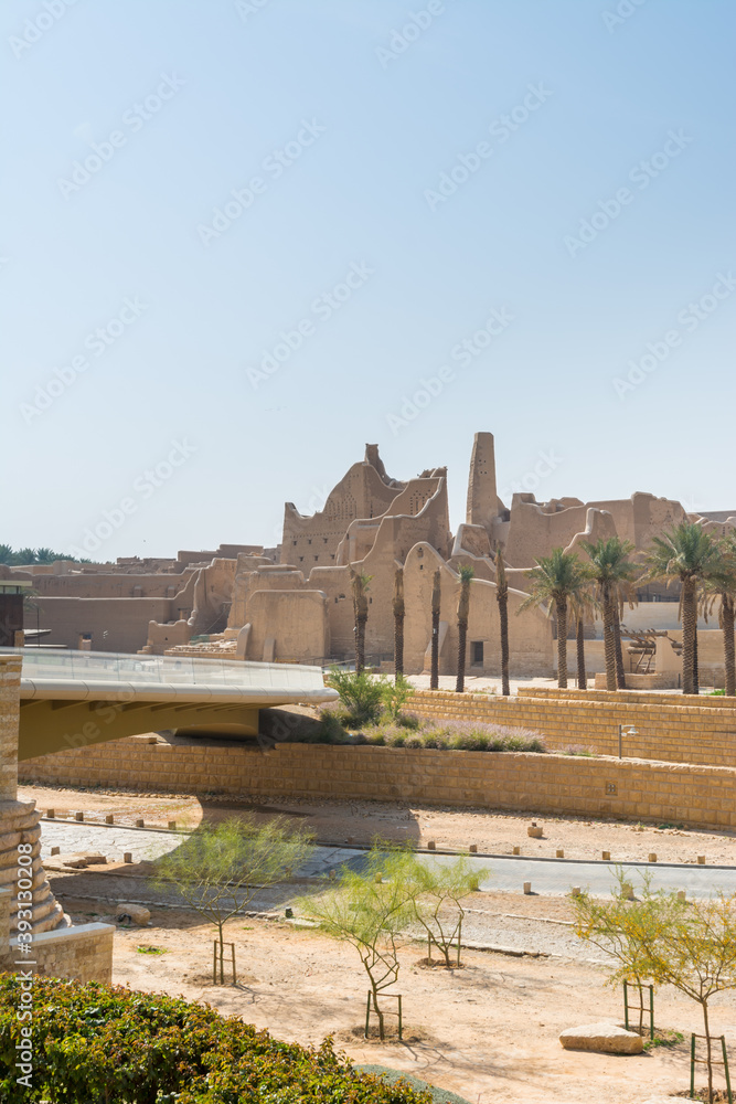 Palm trees and Ruins of Diraiyah, also as Dereyeh and Dariyya, a town ...