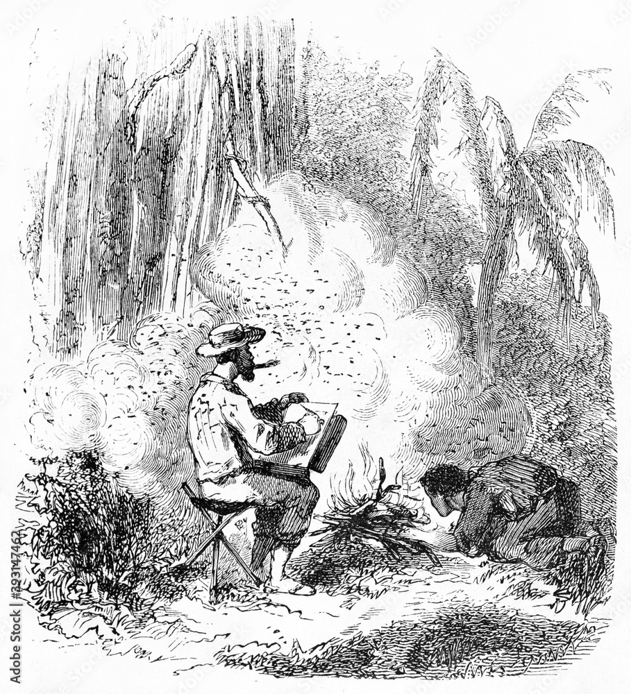 Old sketch of explorer drawing in the jungle and his assistant lighting ...