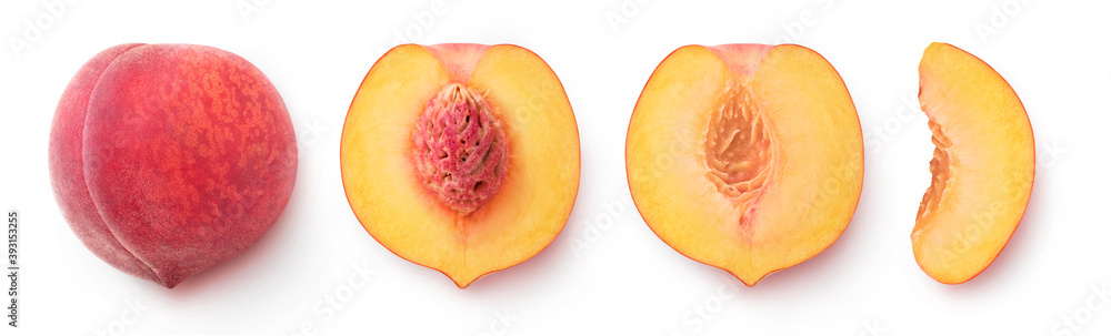 Whole fresh peach fruit, half and pieces in a row, top view, isolated ...