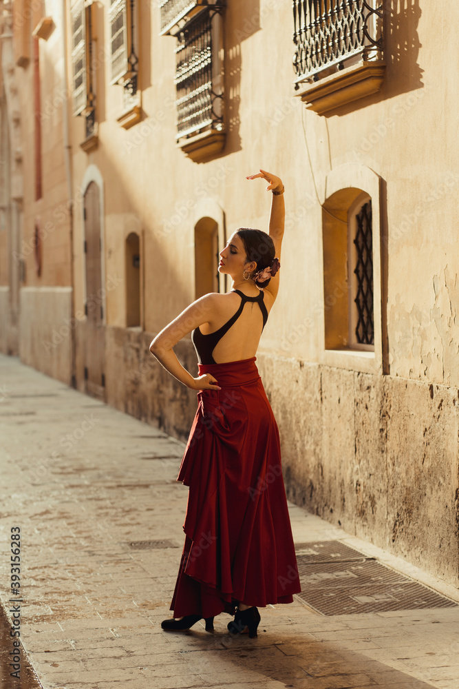 Full body back view of young Hispanic female dancer in traditional ...