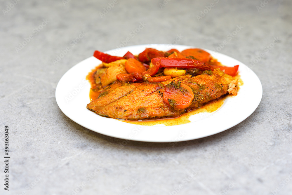 Zdjęcie Stock: Chraime on marble table. Chraime - shabbat fish simmered ...