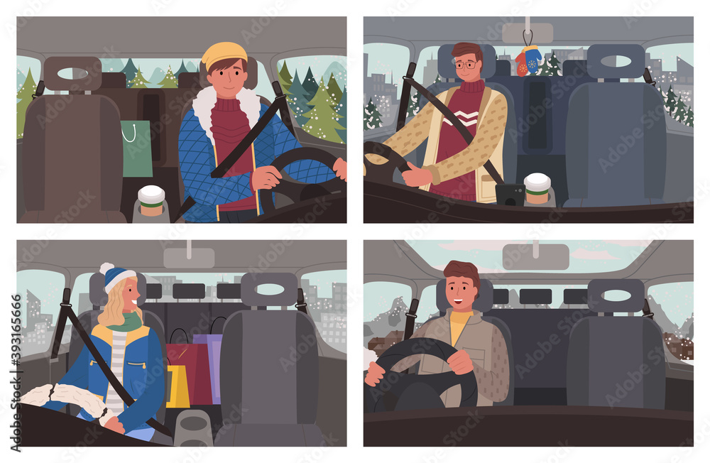 Set of four pictures of people driving car. Men and woman, drivers ride ...