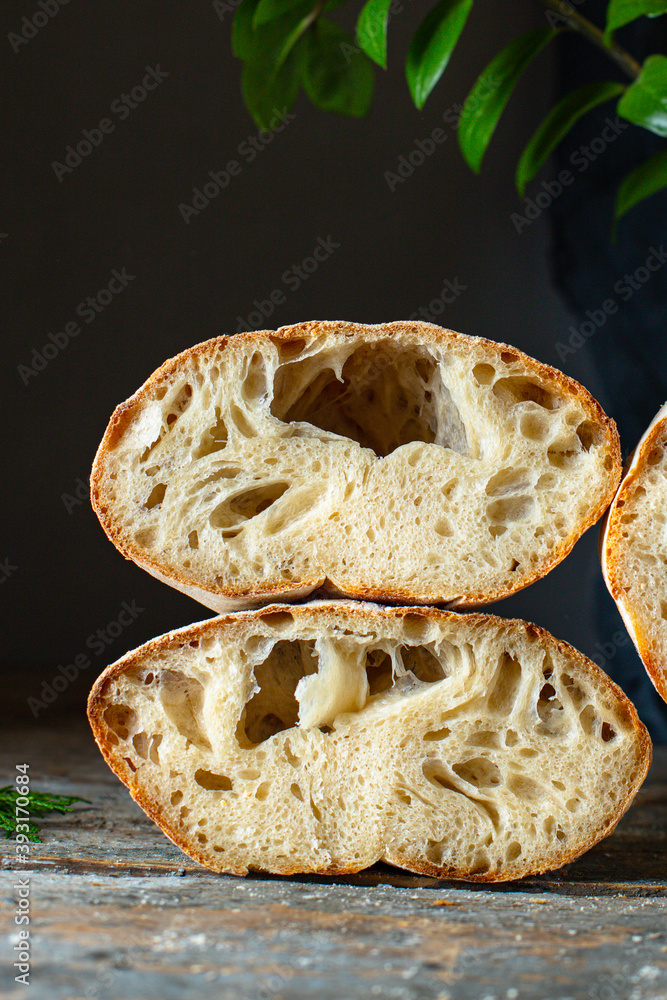 fresh bread yeast-free sourdough or yeast dough large pore structure ...