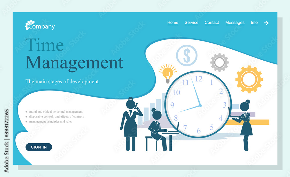 Concept of time management website, landing page with text. Menu bar ...