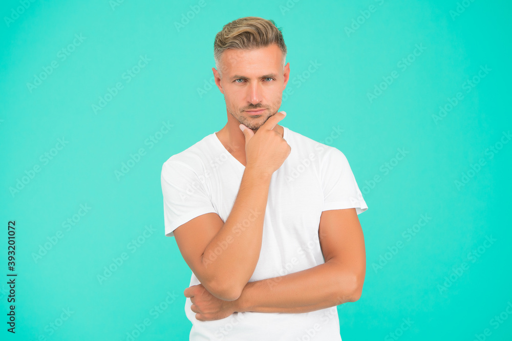 handsome male has perfect skin on his face. new dye haircut. graying ...