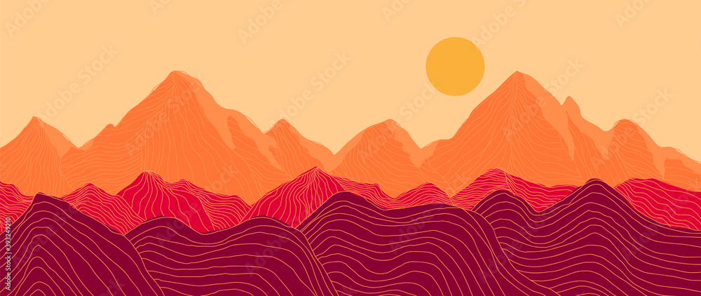 Mountain line arts background vector. Landscape with mountains and sun ...