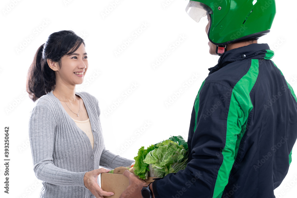 online grocery shopping. delivery man deliver food order to customer ...