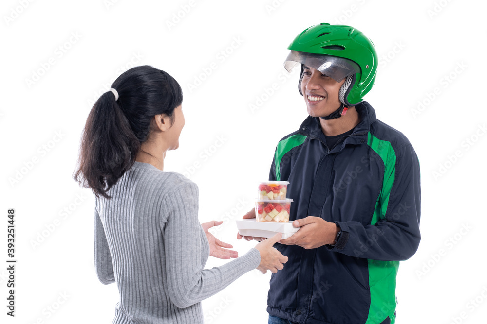 asian delivery courier delivering food to female customer isolated over ...