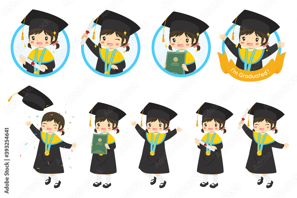 Graduate student vector set. Happy little girl graduate wearing ...