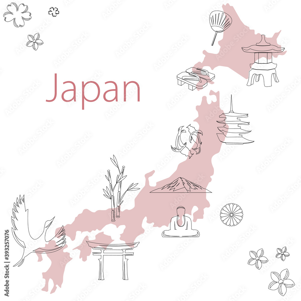 Japan vector map poster with traditional symbols and national signs ...