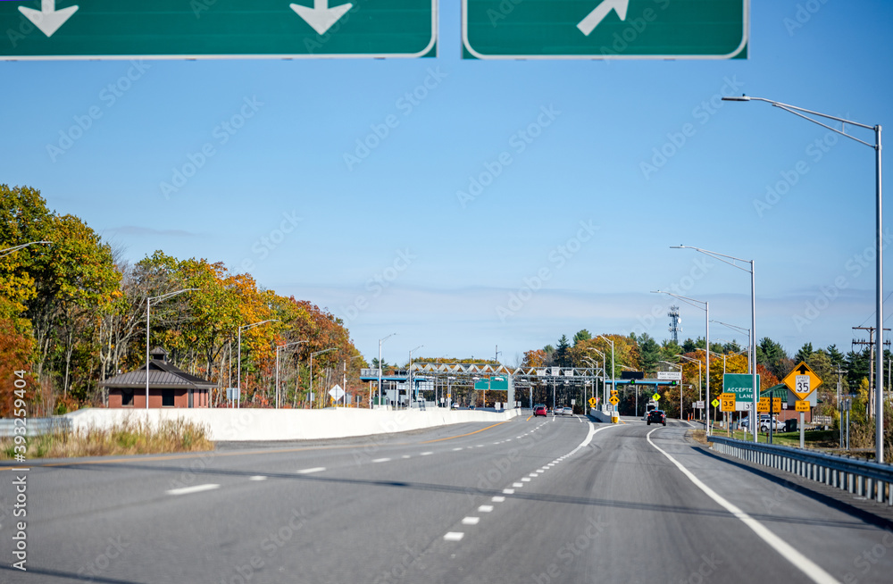Toll split highway with payment terminal and road signs Stock Photo ...