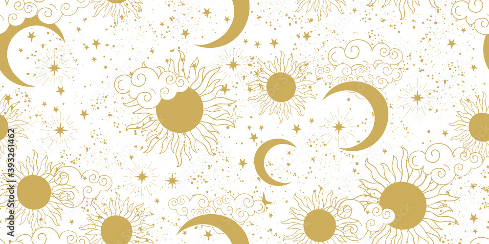 Seamless golden space pattern with sun, crescent, planets and stars on ...