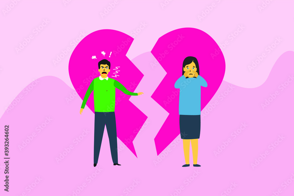 Breakup vector concept: Angry man scolding his wife with breakup heart ...