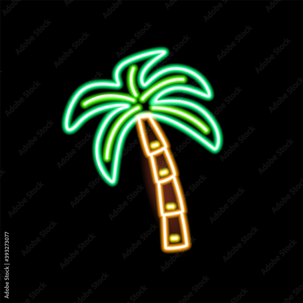Neon sign of palm on black background. Fluorescent tropical tree symbol ...